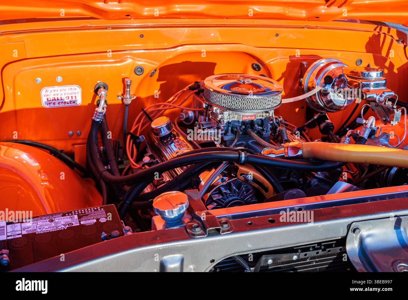 Engine of a classic Chevrolet pickup truck with Eldebrock carburetor ...