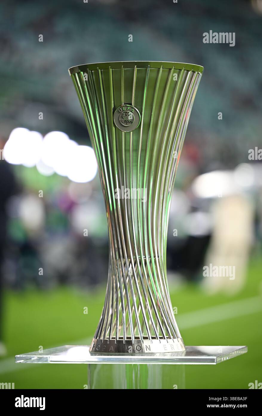 A general view of the UEFA Conference League trophy ahead of the final ...