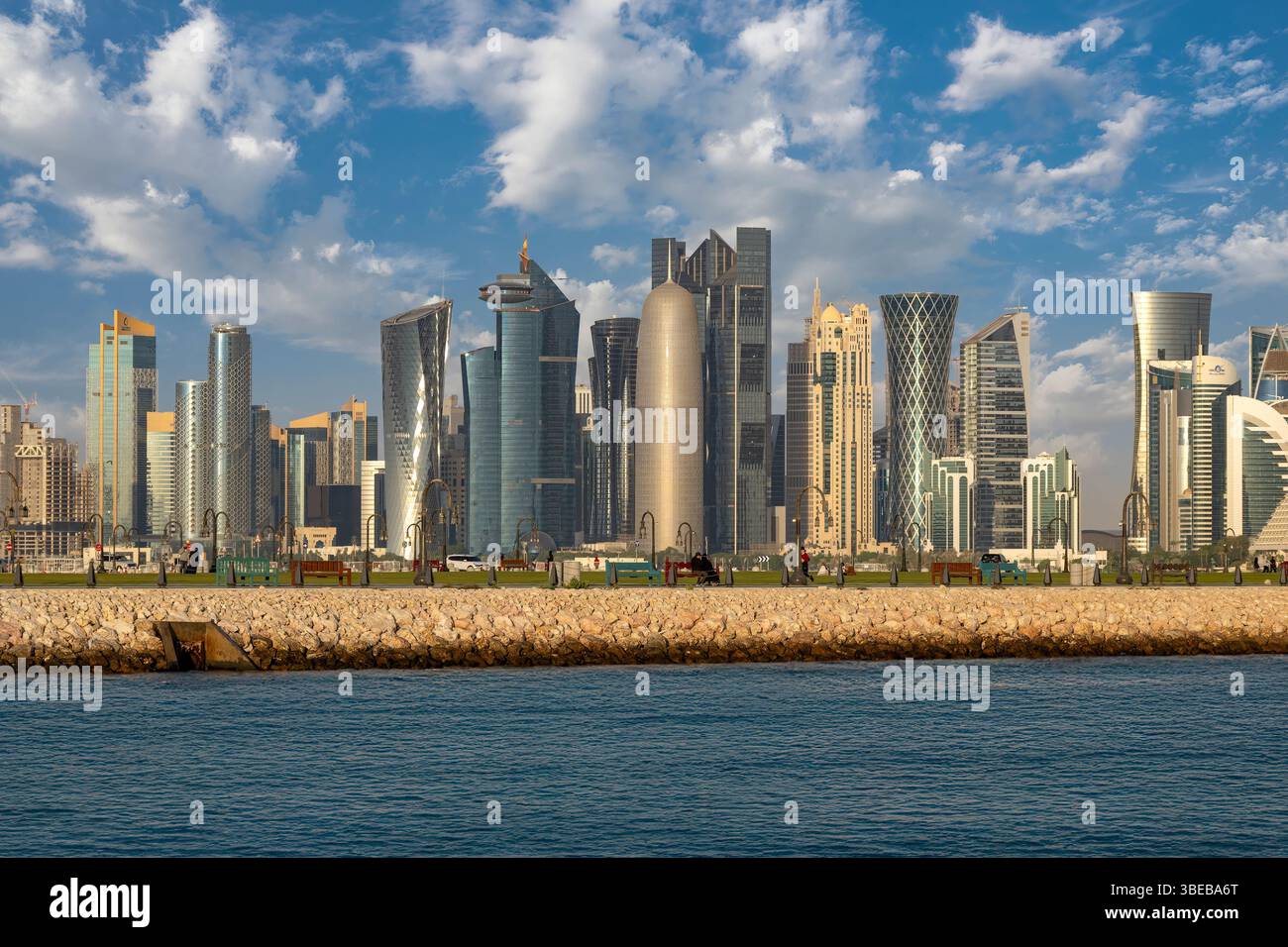The Panoramic skyline of Doha, Qatar during sunrise Doha Qatar Stock ...