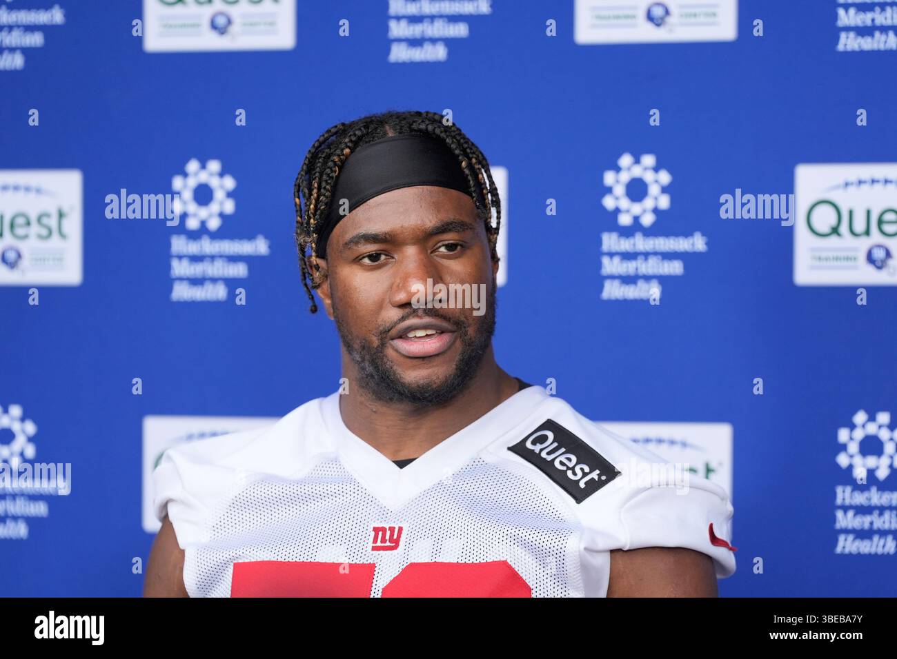 New York Giants' Bobby Okereke talks to reporters after an NFL football ...