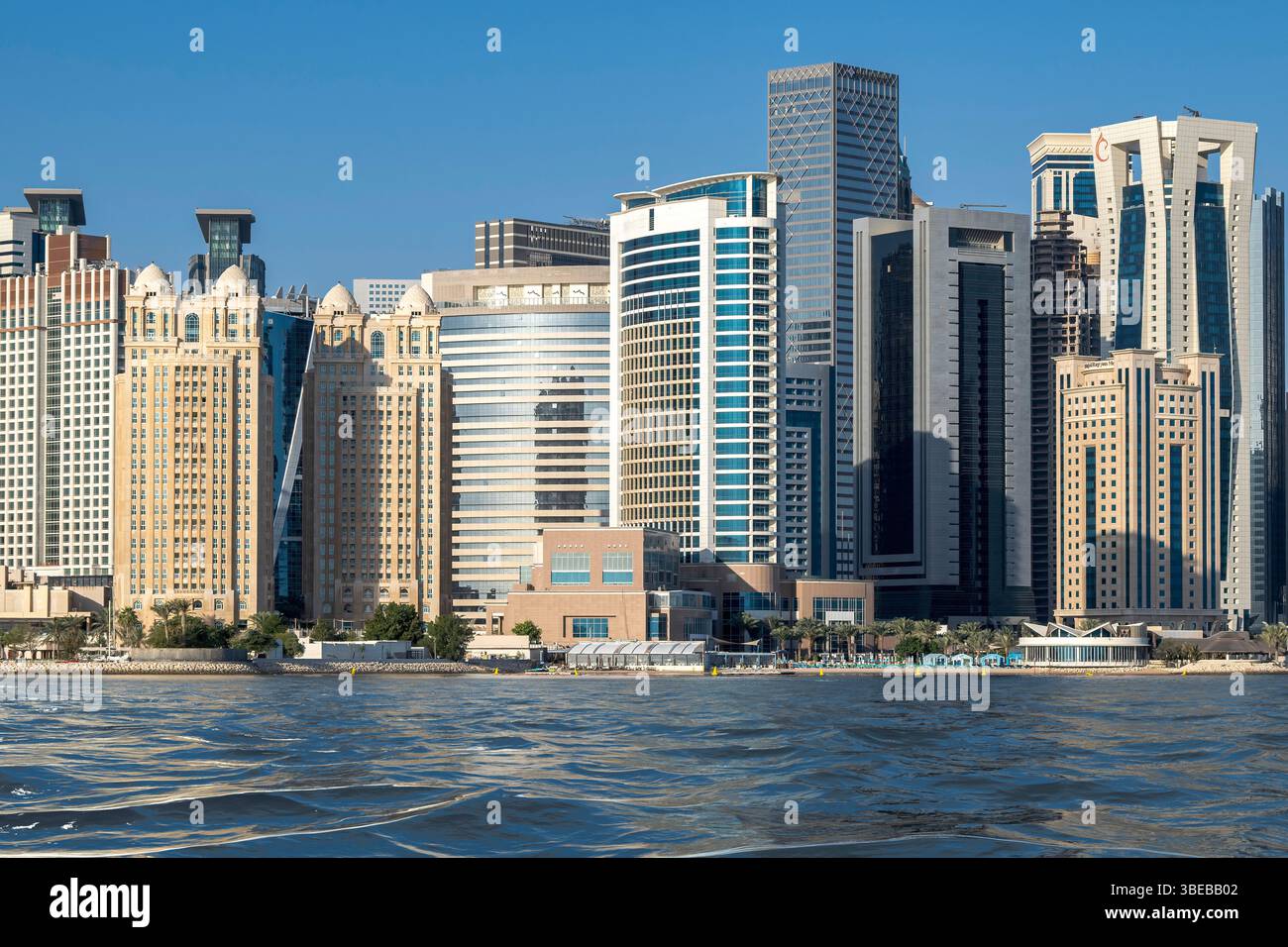 The Panoramic skyline of Doha, Qatar during sunrise Doha Qatar Stock ...