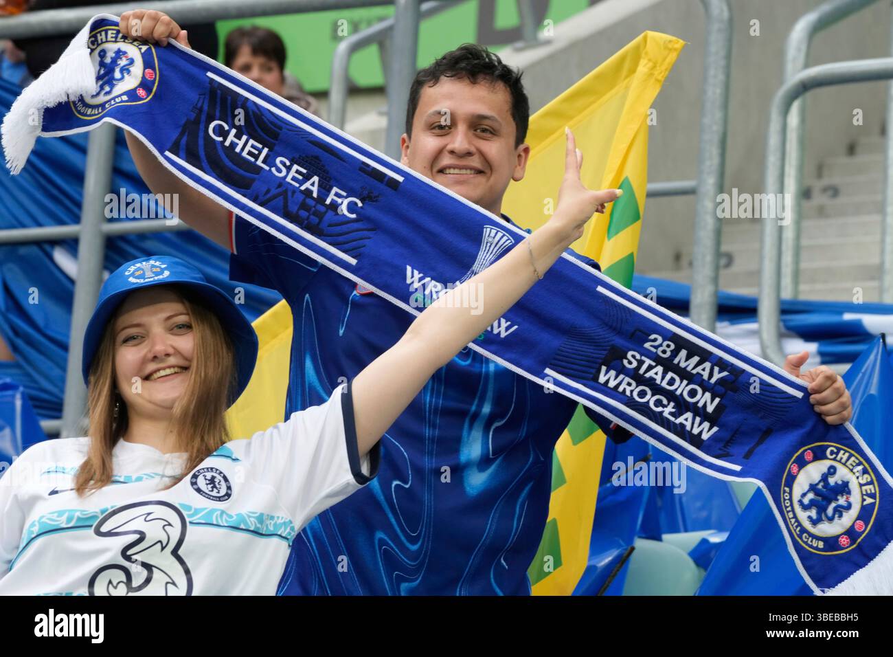 Chelsea fans cheer ahead of the Europa Conference League final soccer ...