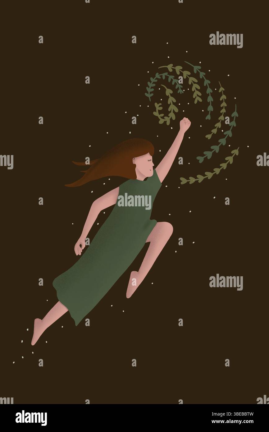 Flying girl with flowers in earth tones. Natural lifestyle, florist ...