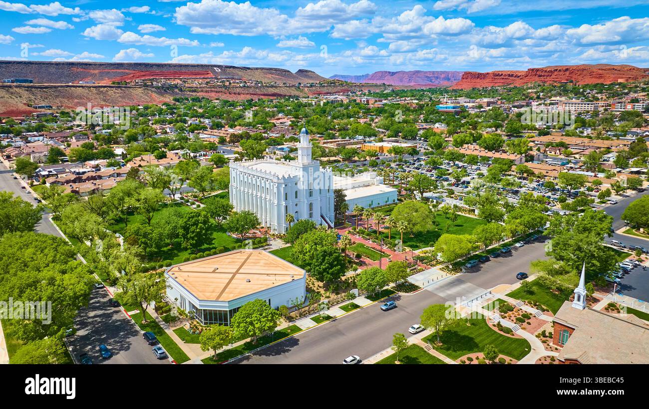 Aerial St George Utah Temple Community and Red Cliffs Fly Over Stock ...