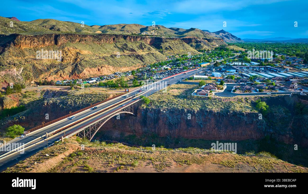 Aerial Highway Bridge Over Canyon and Small Town in Southern Utah Fly ...