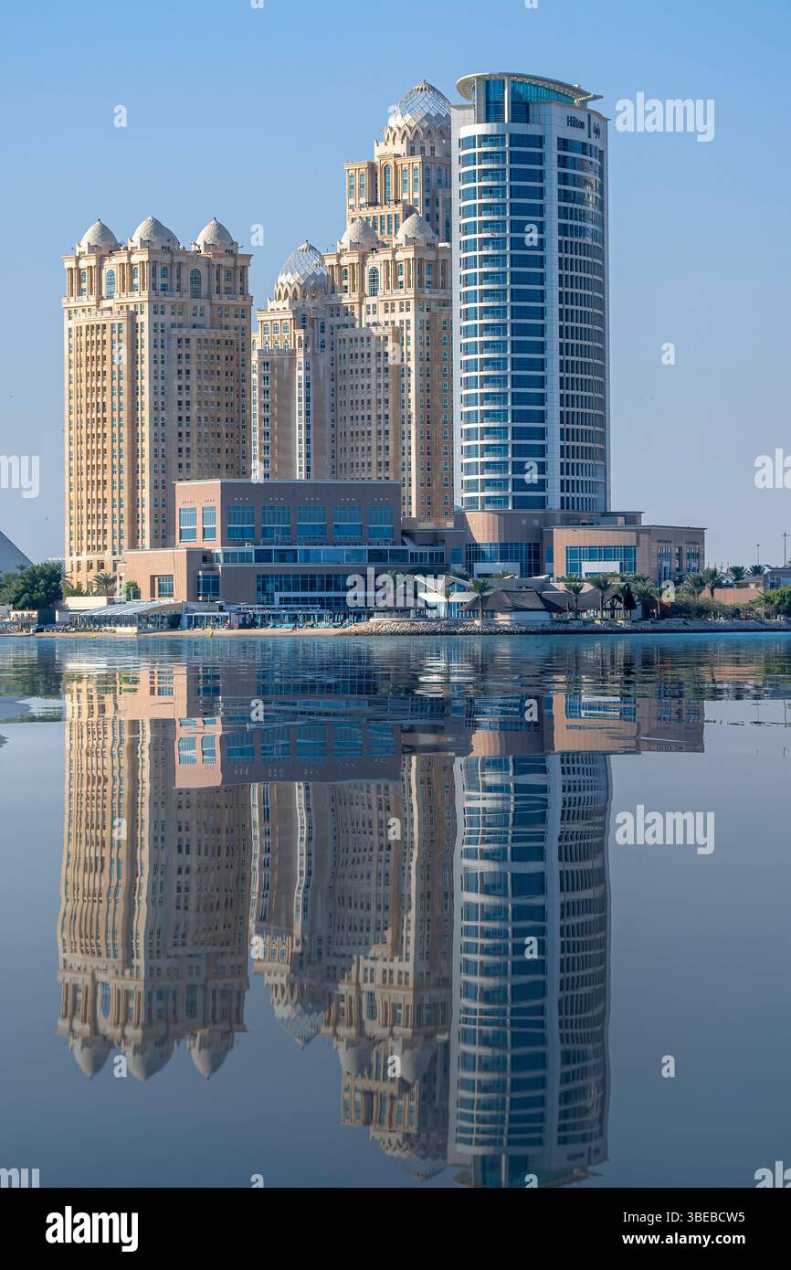 Doha Downtown skyline landscape with luxury hotels at sunrise, from ...