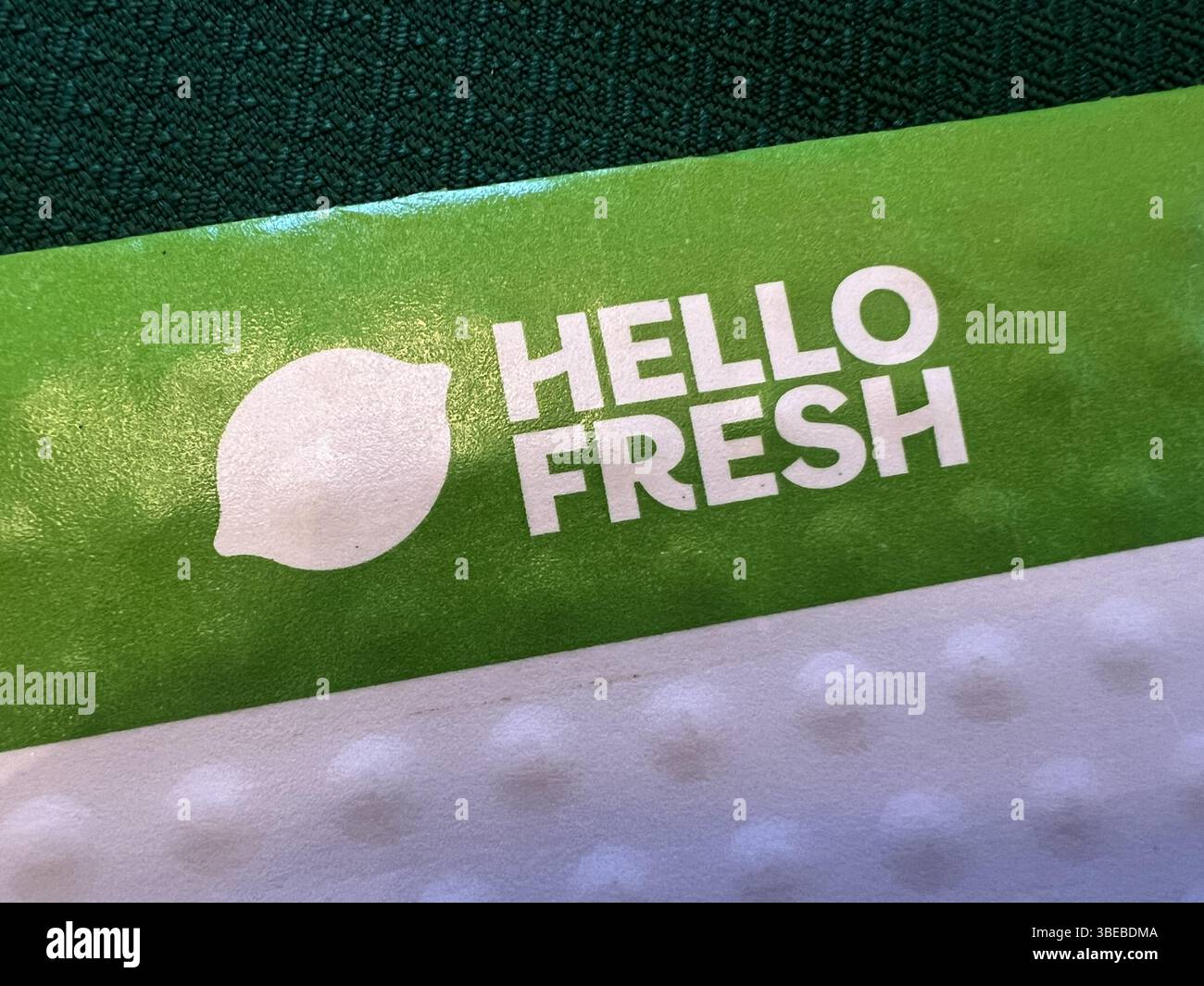 USA. 06th Aug, 2024. Close-up of HelloFresh logo on packaging sleeve ...