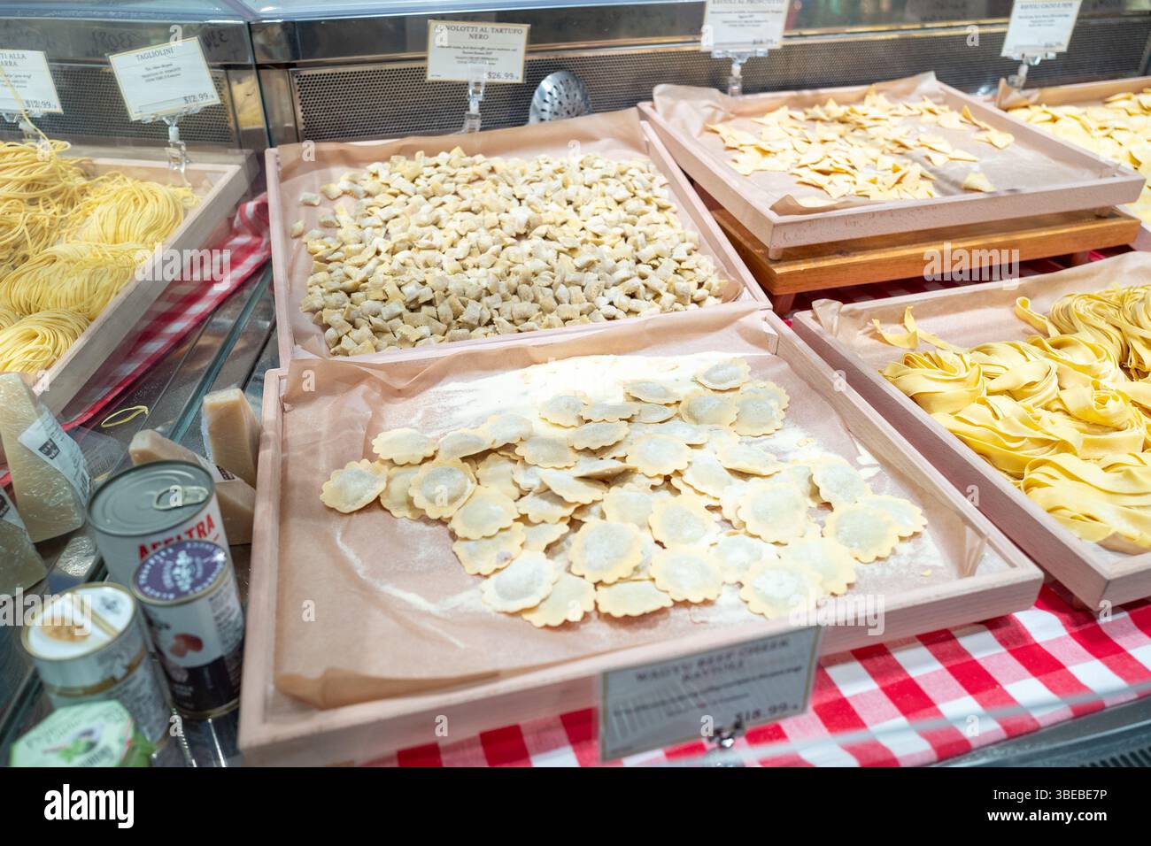 Various handmade fresh pasta noodles are on display at Eataly, San Jose ...