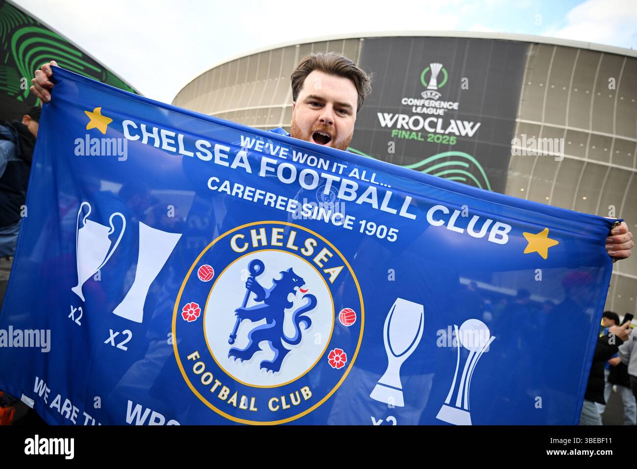 A Chelsea fan outside the stadium ahead of the UEFA Conference League ...