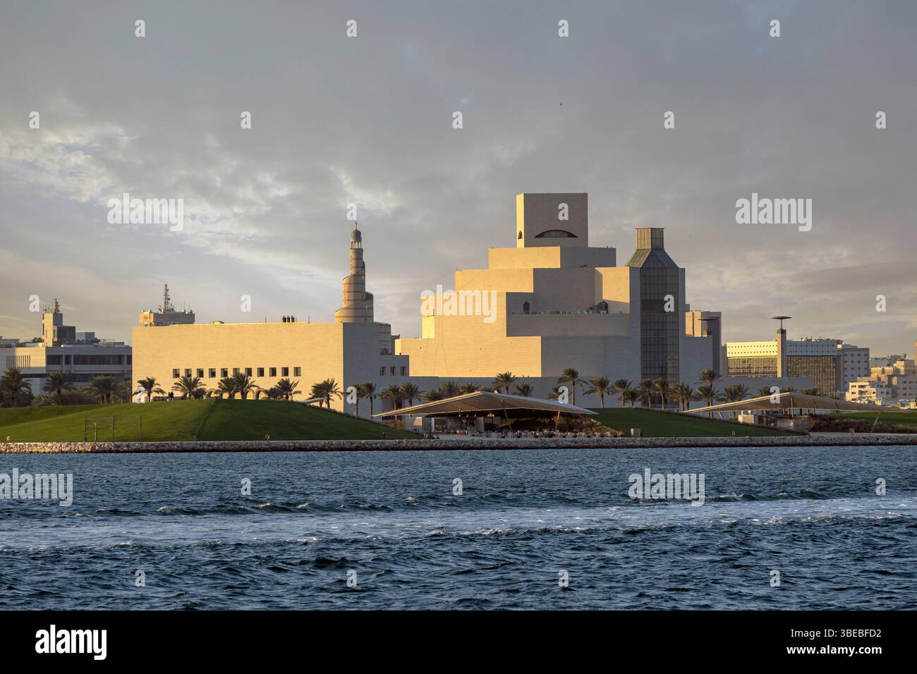 Seafront of Doha park and Museum of Islamic Art during sunset sunrise ...