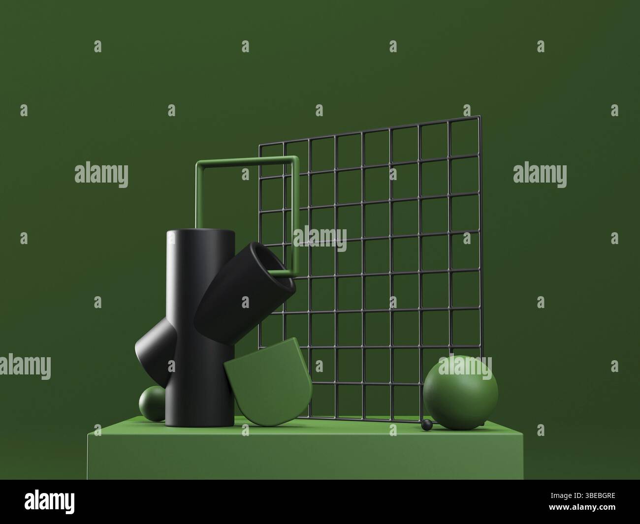 3d render stage with abstract geometric shapes in green and black ...