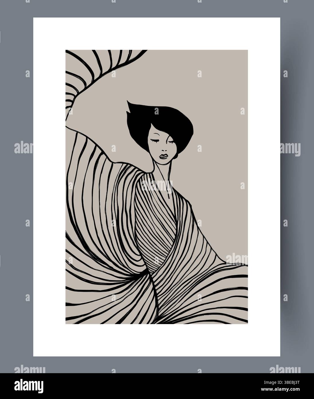 Elegant Line Art Fashion Illustration with Flowing Hair and Draped ...