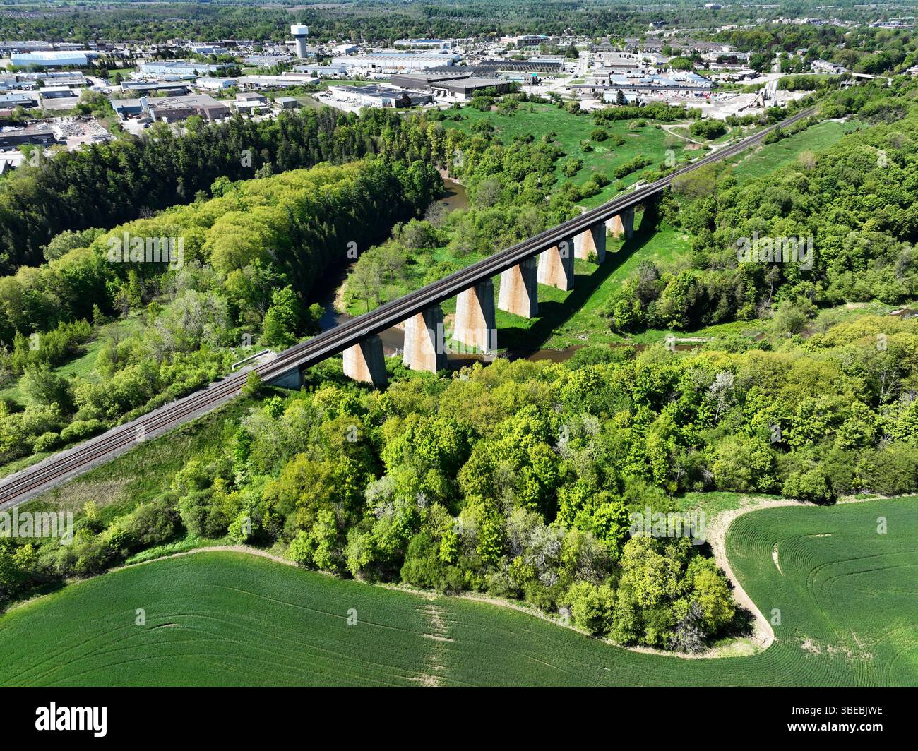 A striking aerial view of a railway trestle bridge above the Credit ...