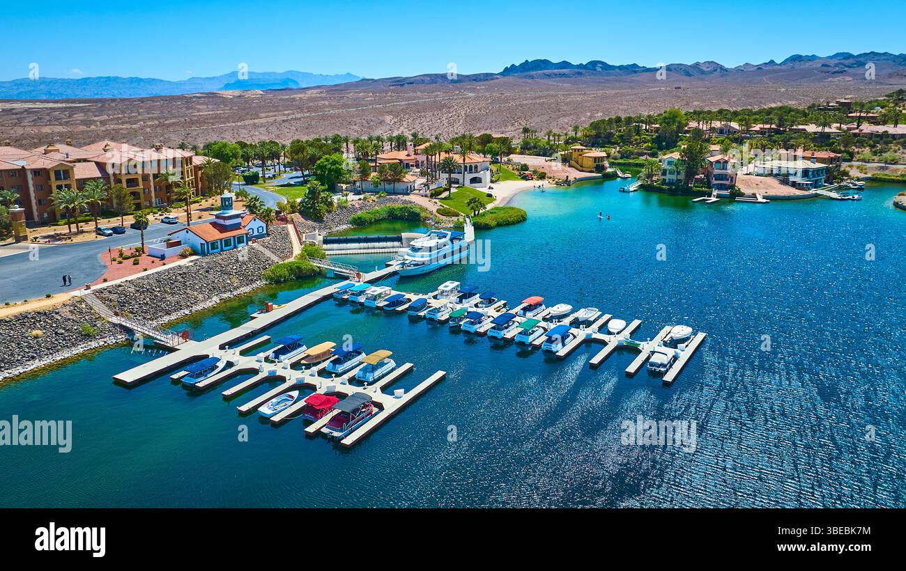 Aerial Marina Boats and Luxury Waterfront Homes Desert Oasis Fly Over ...