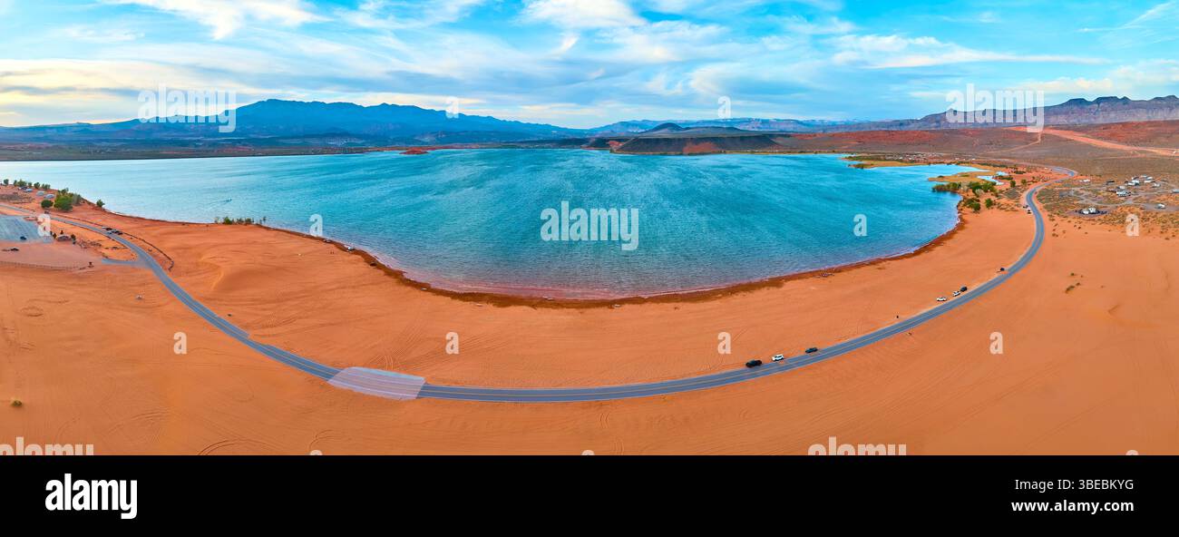 Aerial Fly Over Turquoise Reservoir Red Desert Shoreline Sand Hollow ...