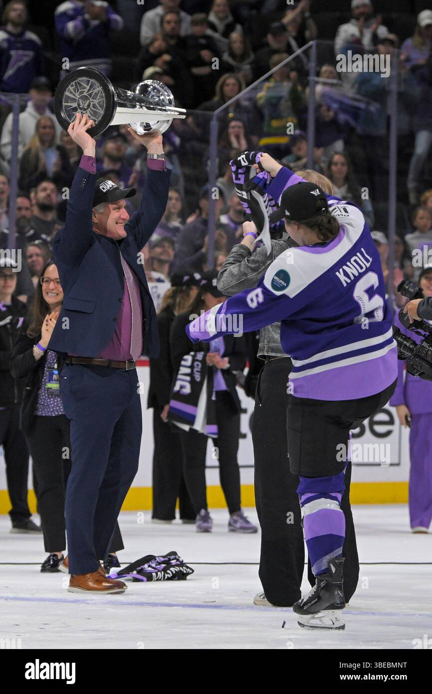 ST. PAUL, MN - MAY 26: Minnesota Frost head coach Ken Klee hoists the ...