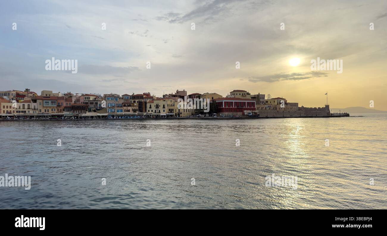 Crete, Chania old town. Waterfront buildings and Firkas fortress at ...