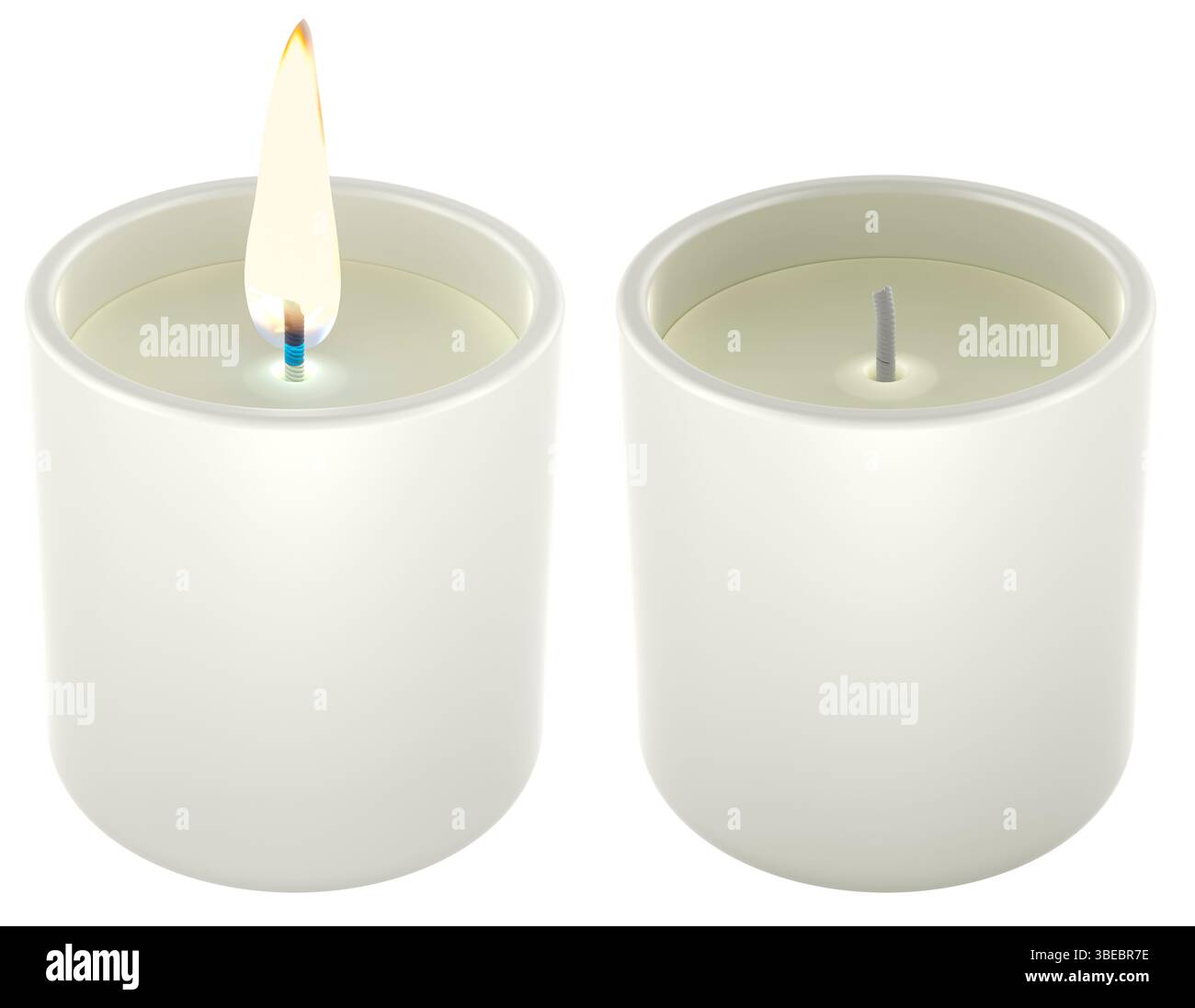 Candles in white ceramic jars. Burning and Unlit Versions, 3D Rendering ...