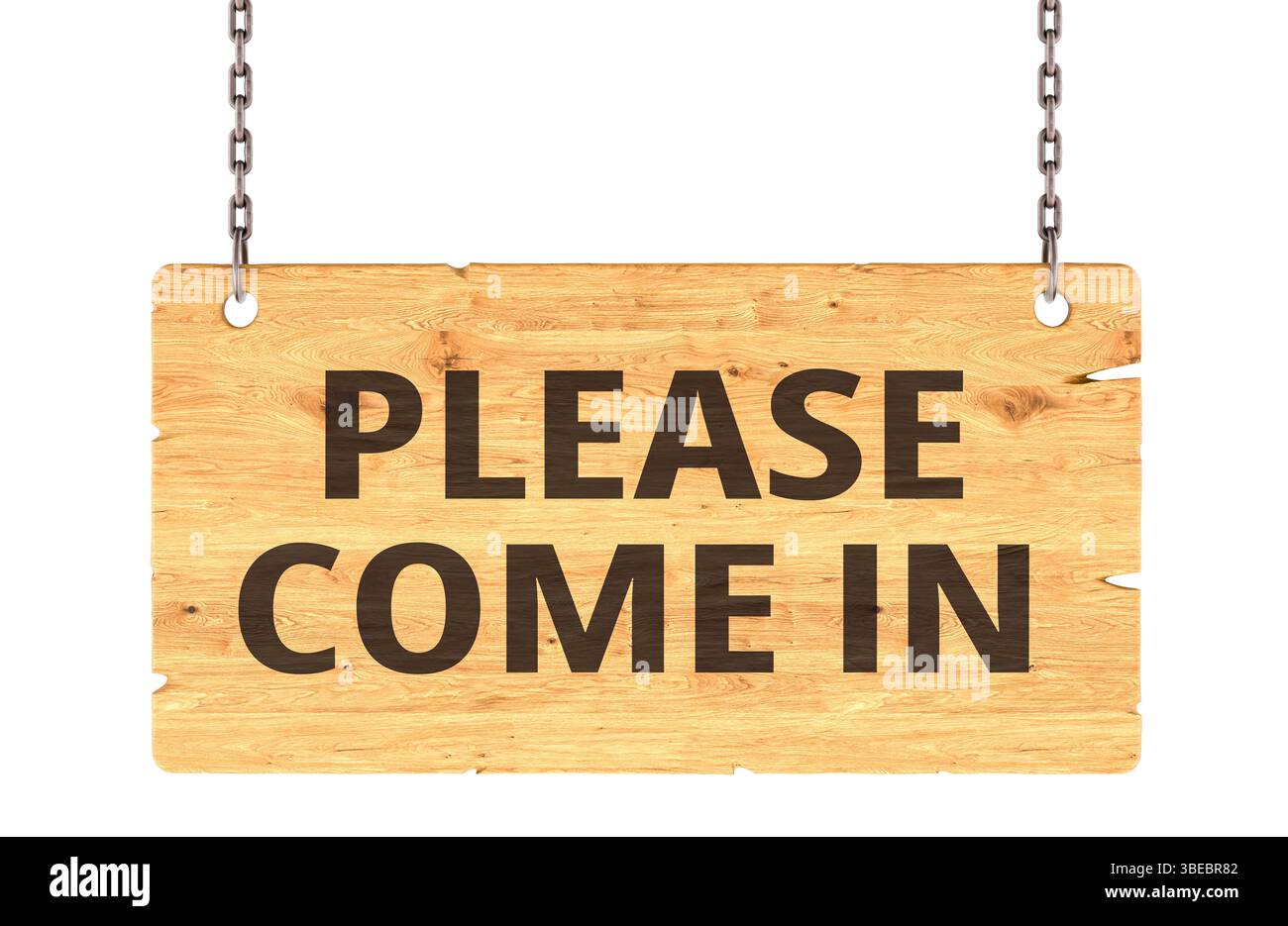 Please Come In Wooden Sign, Hanging on Chains. 3D Rendering isolated on ...