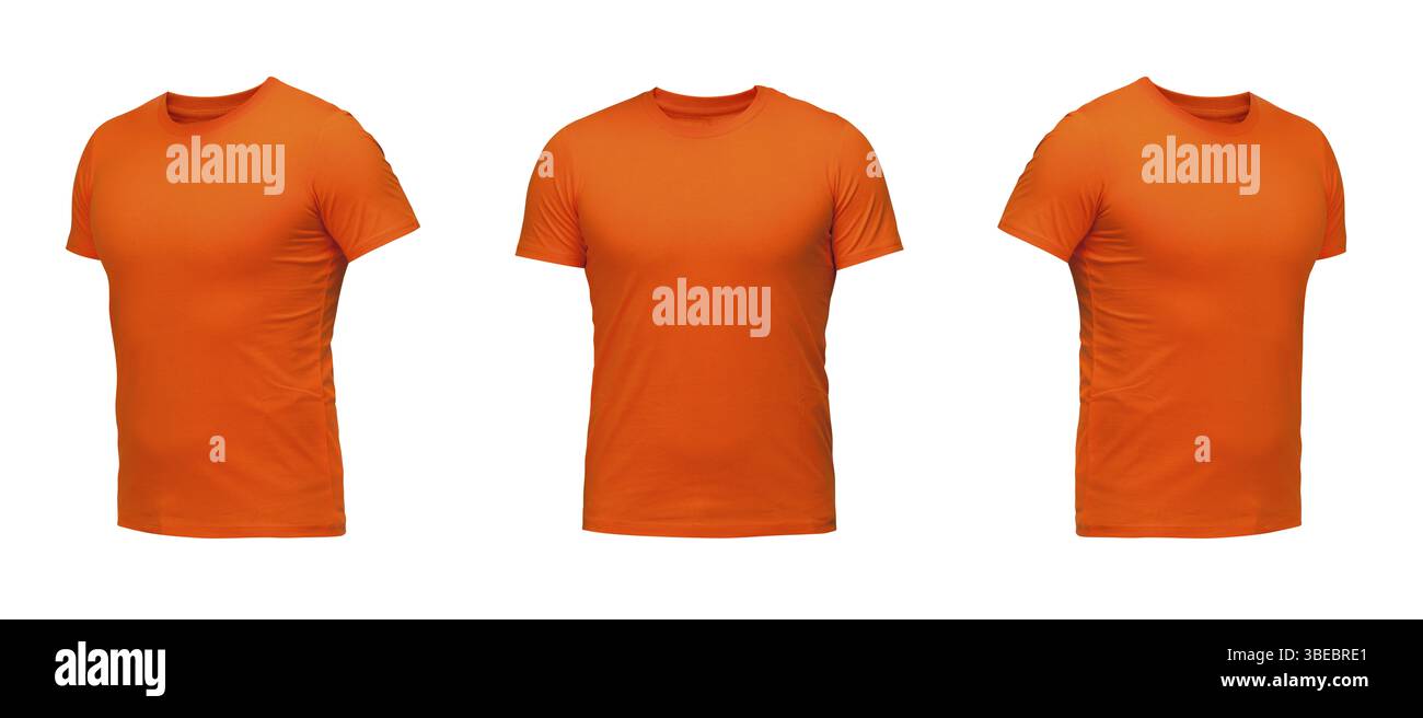 Orange sleeveless T-shirt. t-shirt front view three positions on a ...