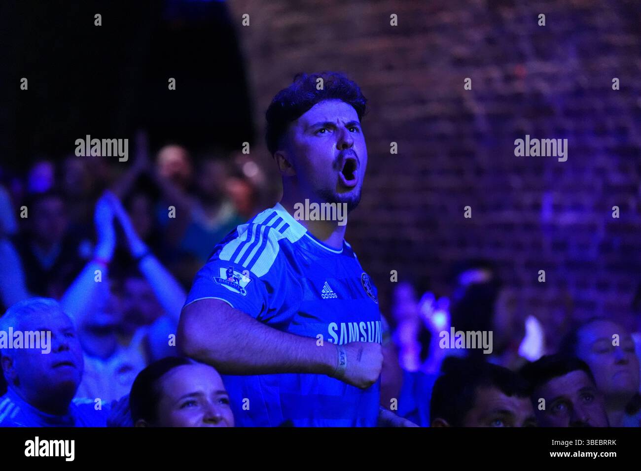 A Chelsea fan during a screening of the UEFA Conference League final ...