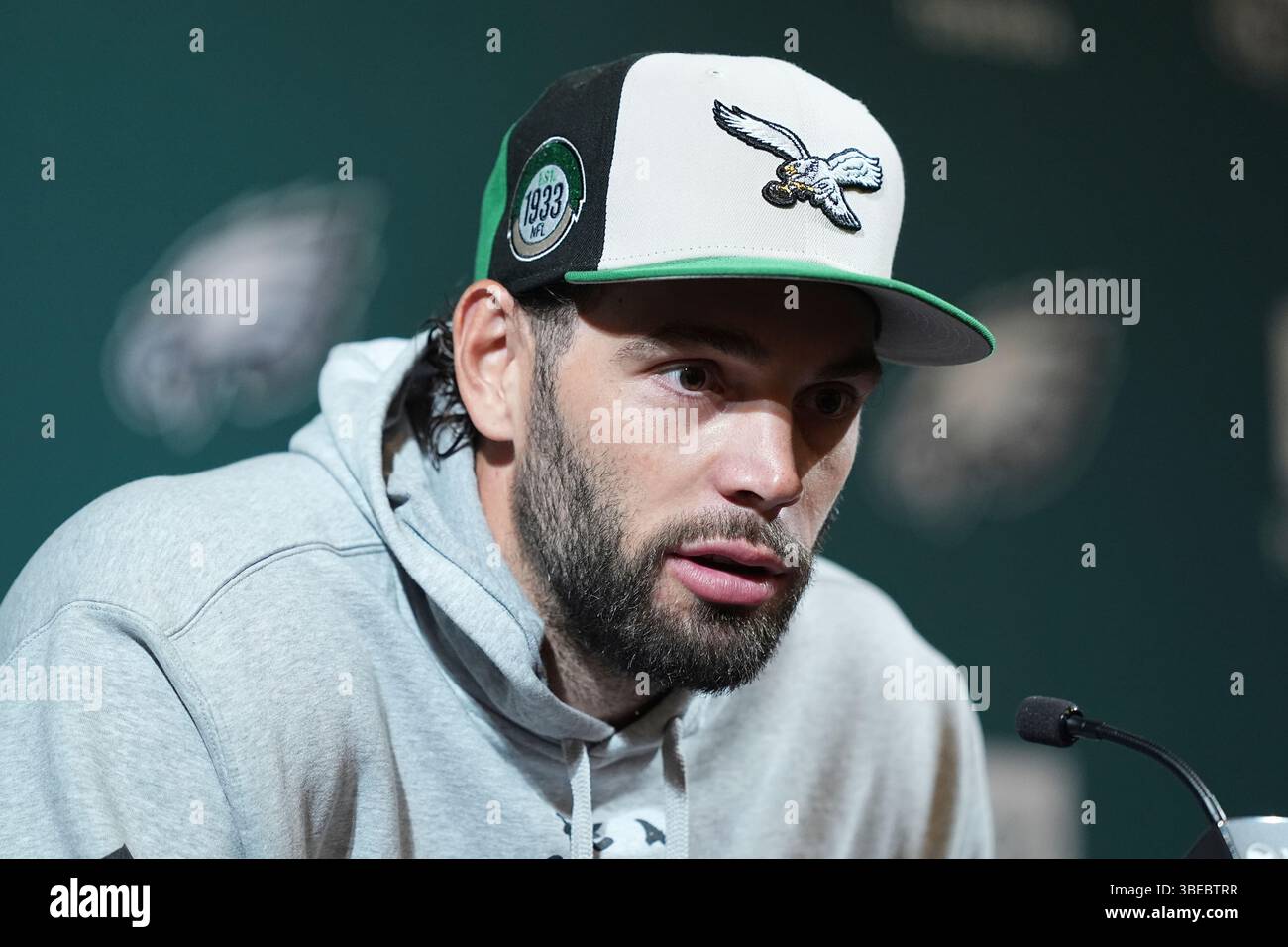 Philadelphia Eagles' Dallas Goedert speaks during a news conference at ...