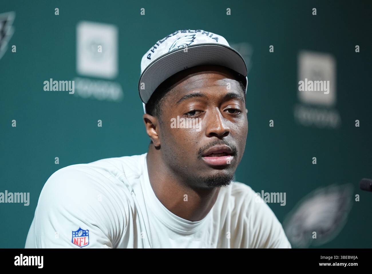 Philadelphia Eagles' Quinyon Mitchell speaks during a news conference ...