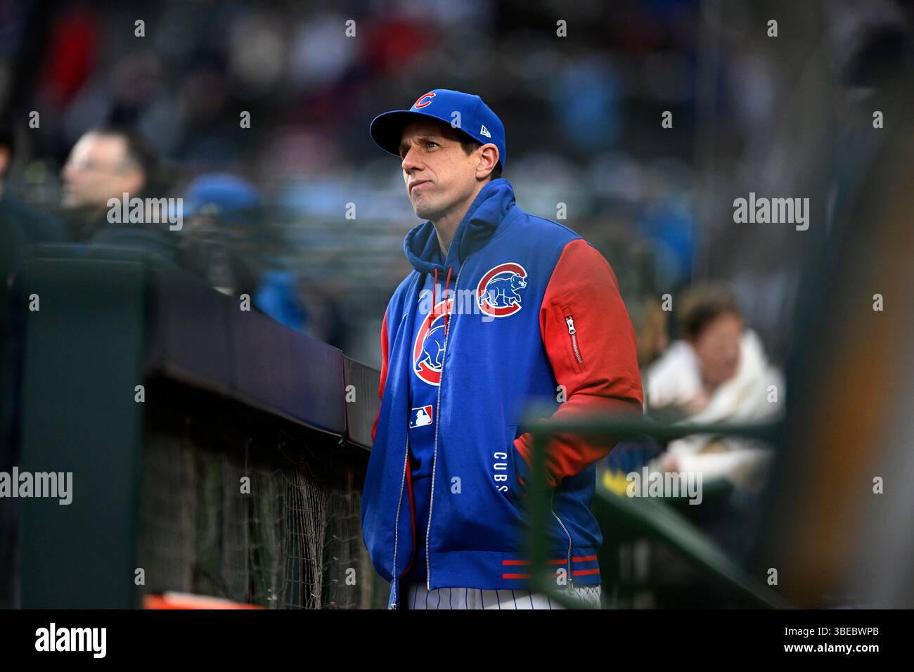 Chicago Cubs manager Craig Counsell looks on from the dugout before a ...