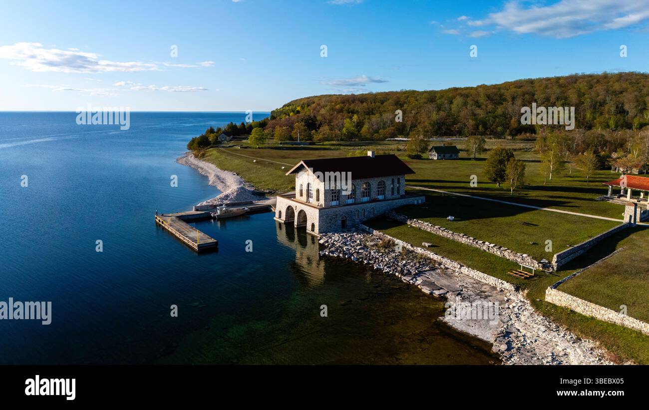 Aerial photograph of the Rock Island Boathouse, Rock Island State Park ...