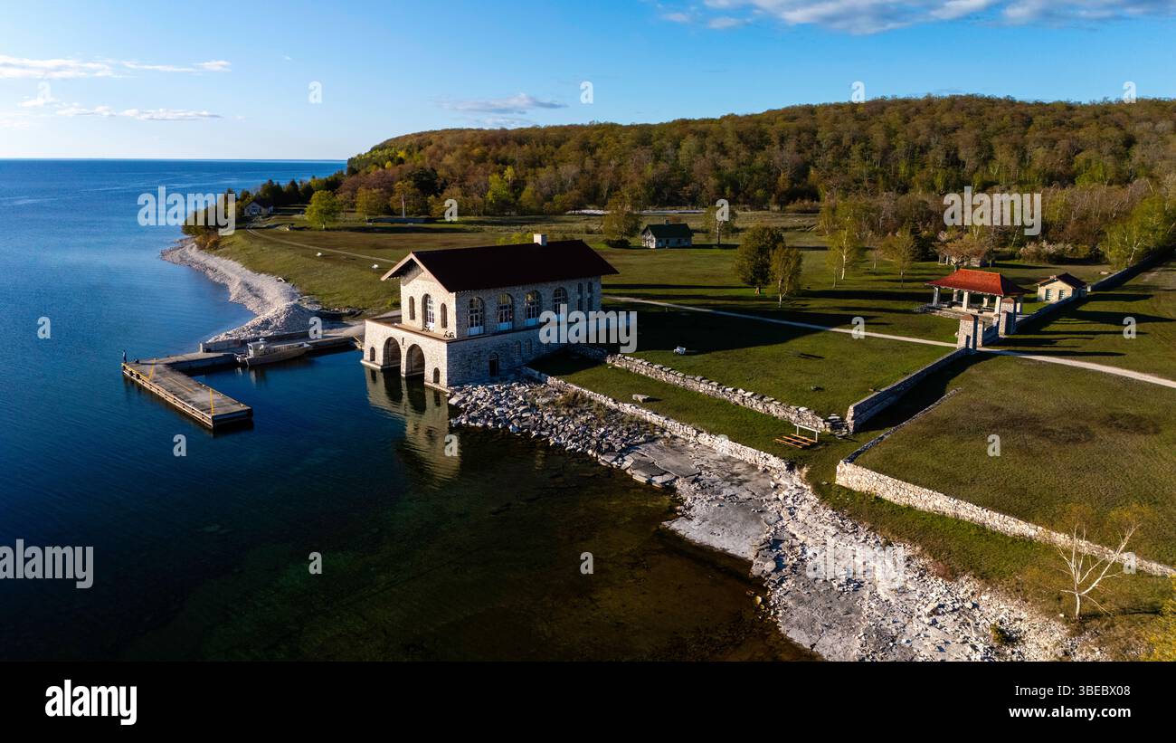 Aerial photograph of the Rock Island Boathouse, Rock Island State Park ...