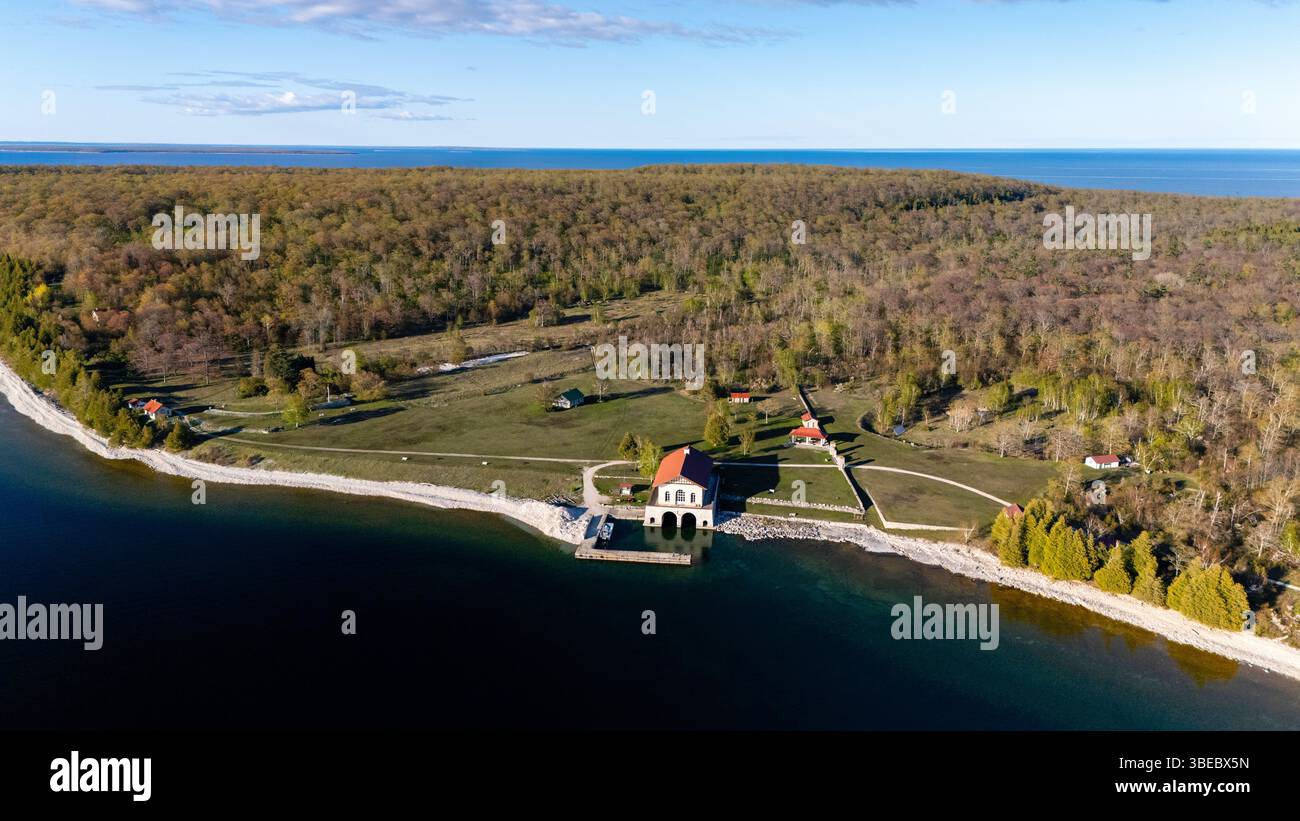 Aerial photograph of the Rock Island Boathouse, Rock Island State Park ...