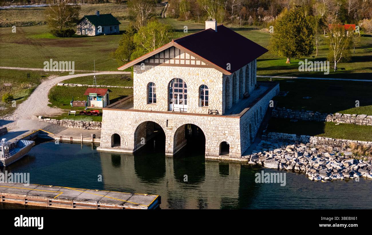 Aerial photograph of the Rock Island Boathouse, Rock Island State Park ...