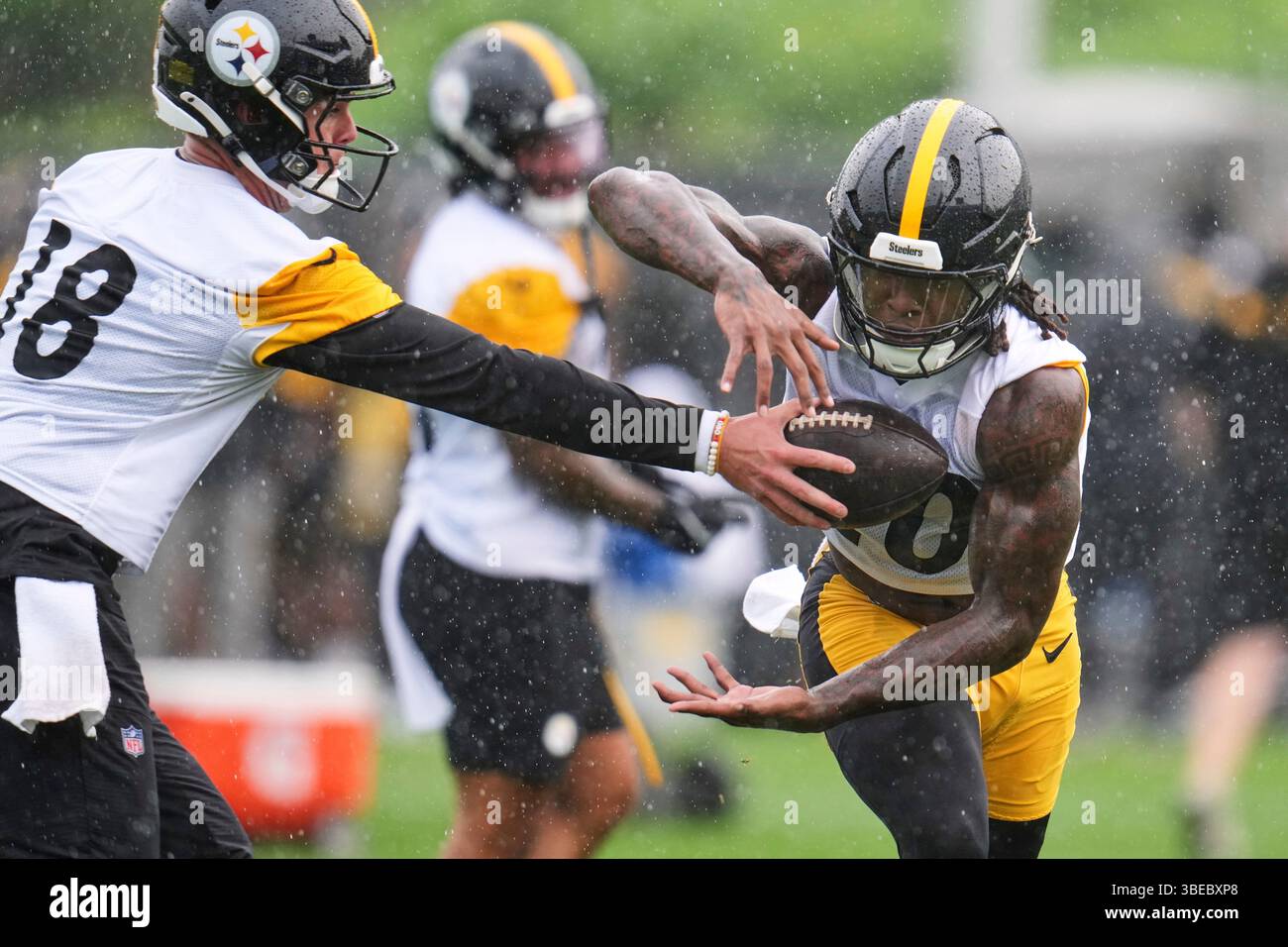 Pittsburgh Steelers quarterback Will Howard (18) hands off to running ...
