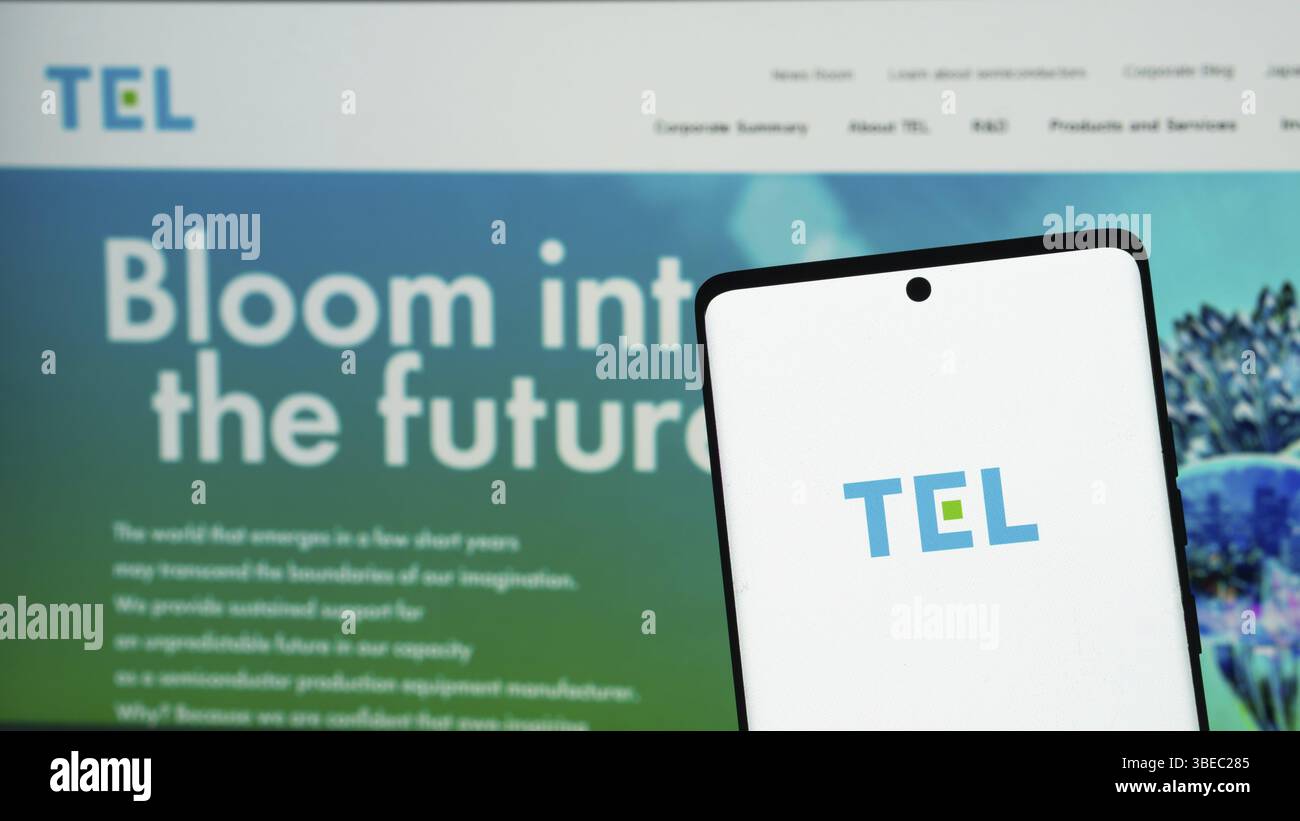 Tokyo Electron (TEL) logo on smartphone with website in blurred ...