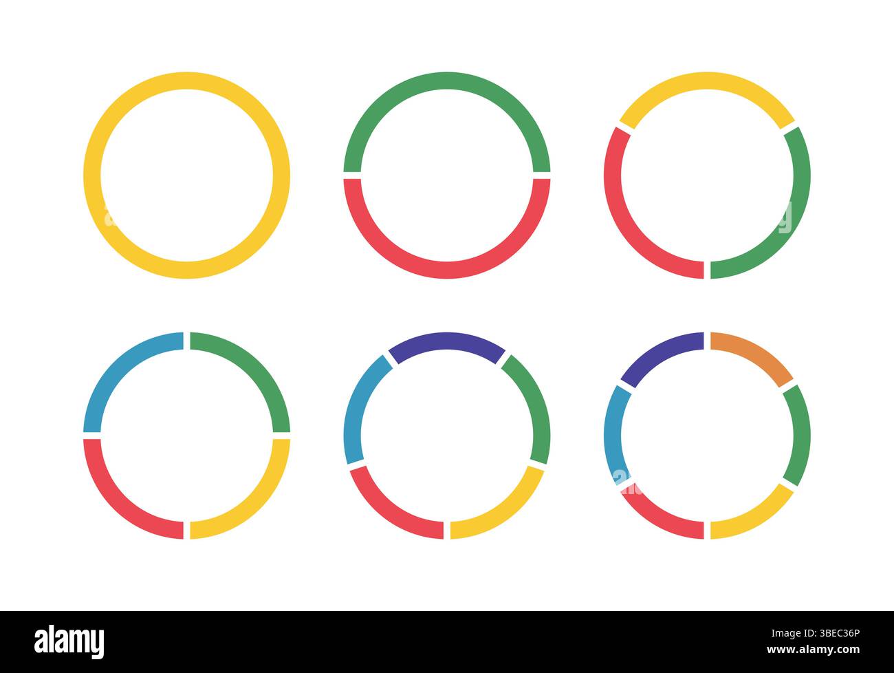 Donut charts segmented on equal parts from 1 to 6. Wheels divided in sections. Diagrams ...