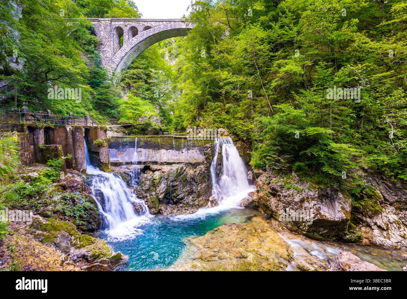Vintgar gorge waterfall in Slovenia, Triglav national park. Pure fresh ...