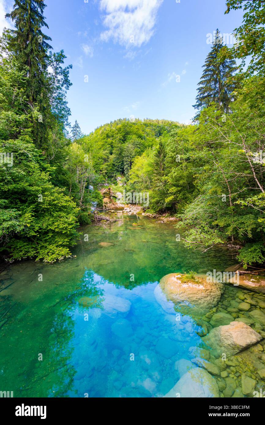 Vintgar gorge waterfall in Slovenia, Triglav national park. Pure fresh ...