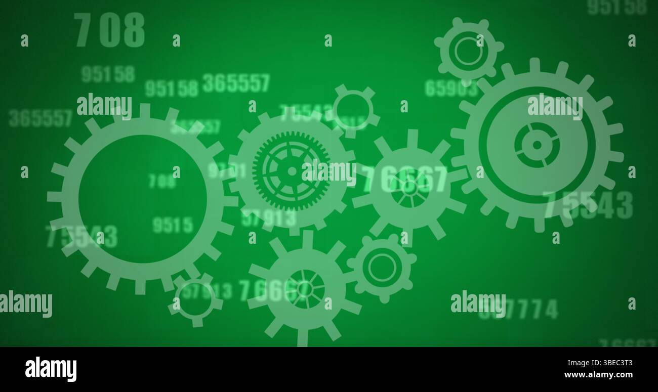 Image of falling numbers and gears over green background Stock Photo ...