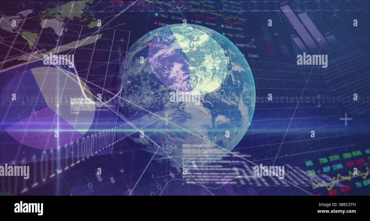 Presenting globe rotating in dark interface, showing pie, bar and line charts with binary code ...