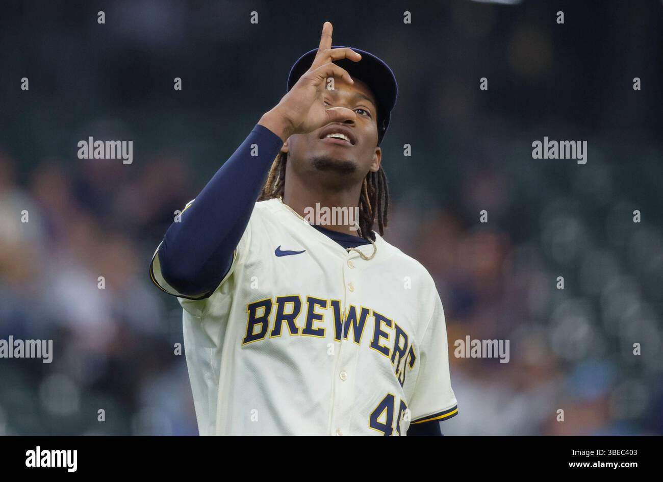 Milwaukee Brewers pitcher Abner Uribe (45) reacts after the eighth ...