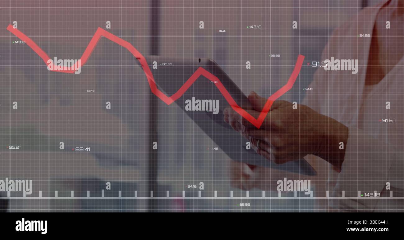 Executive using tablet in office, with red line chart overlay, numeric ...