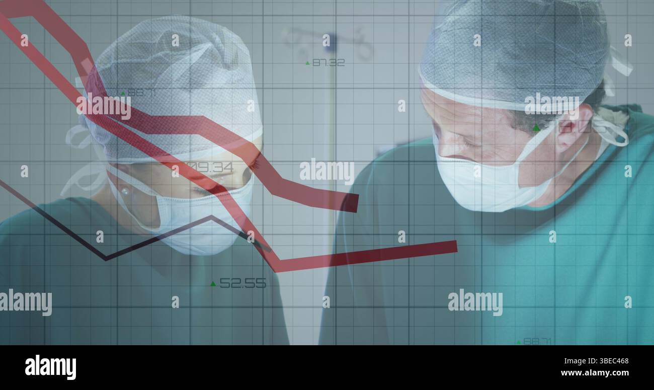 Image of graphs over caucasian female and male surgeons during surgery ...