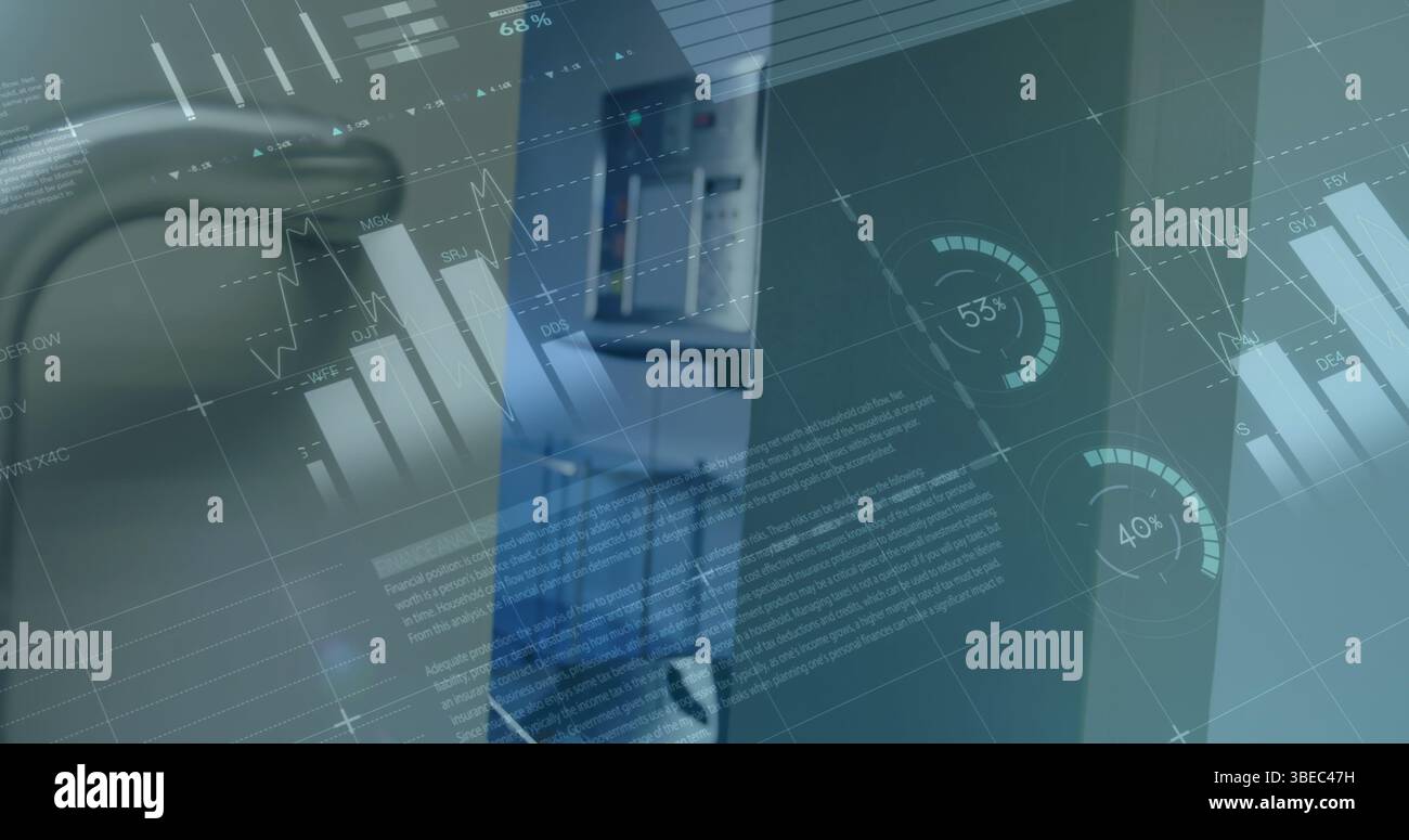Displaying data dashboard overlaying office metal panels, with charts ...