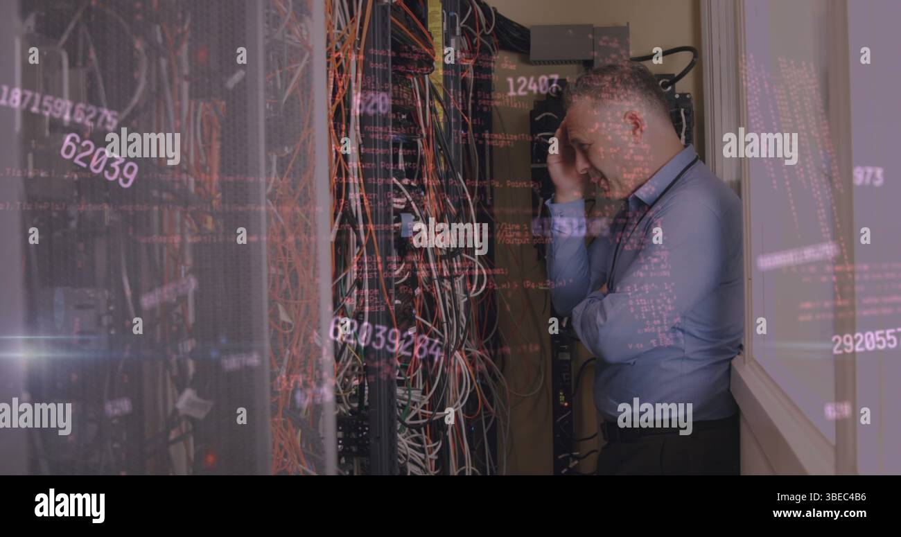 Inspecting IT pro fixing Ethernet cables in network closet, server rack ...
