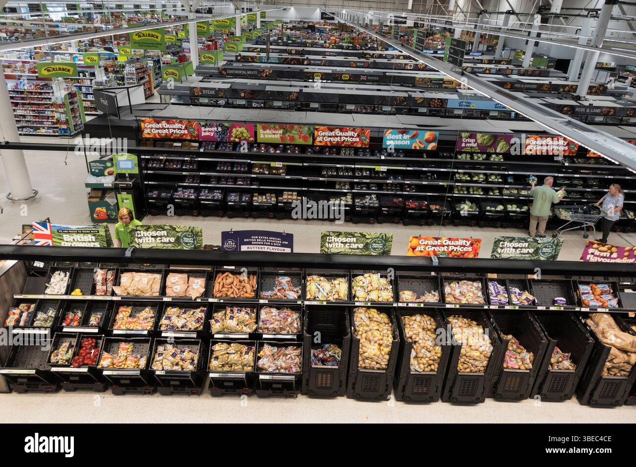 Interior of ASDA supermarket at Boldon, UK showing aisles and produce ...