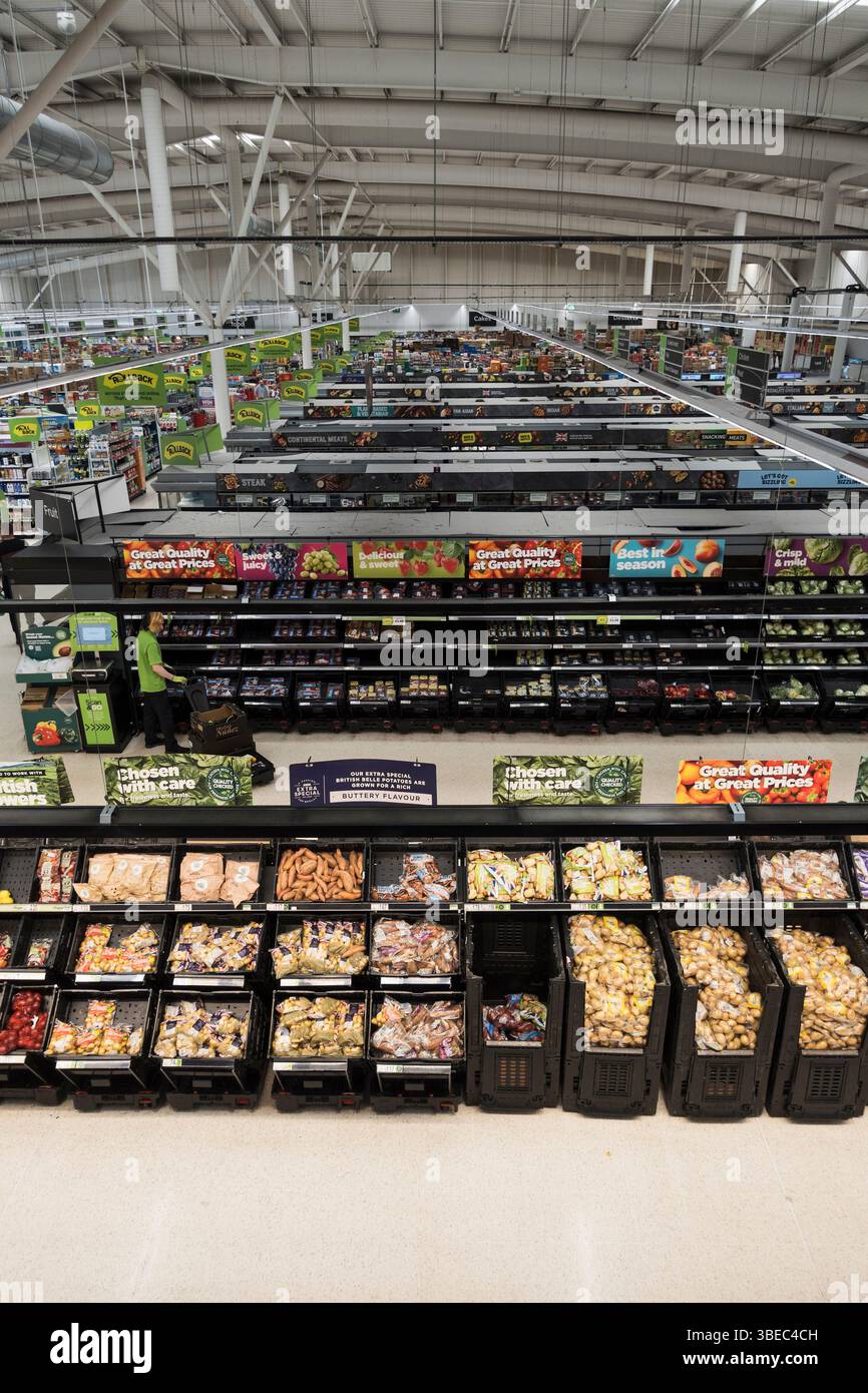 Interior of ASDA supermarket at Boldon, UK showing aisles and produce ...