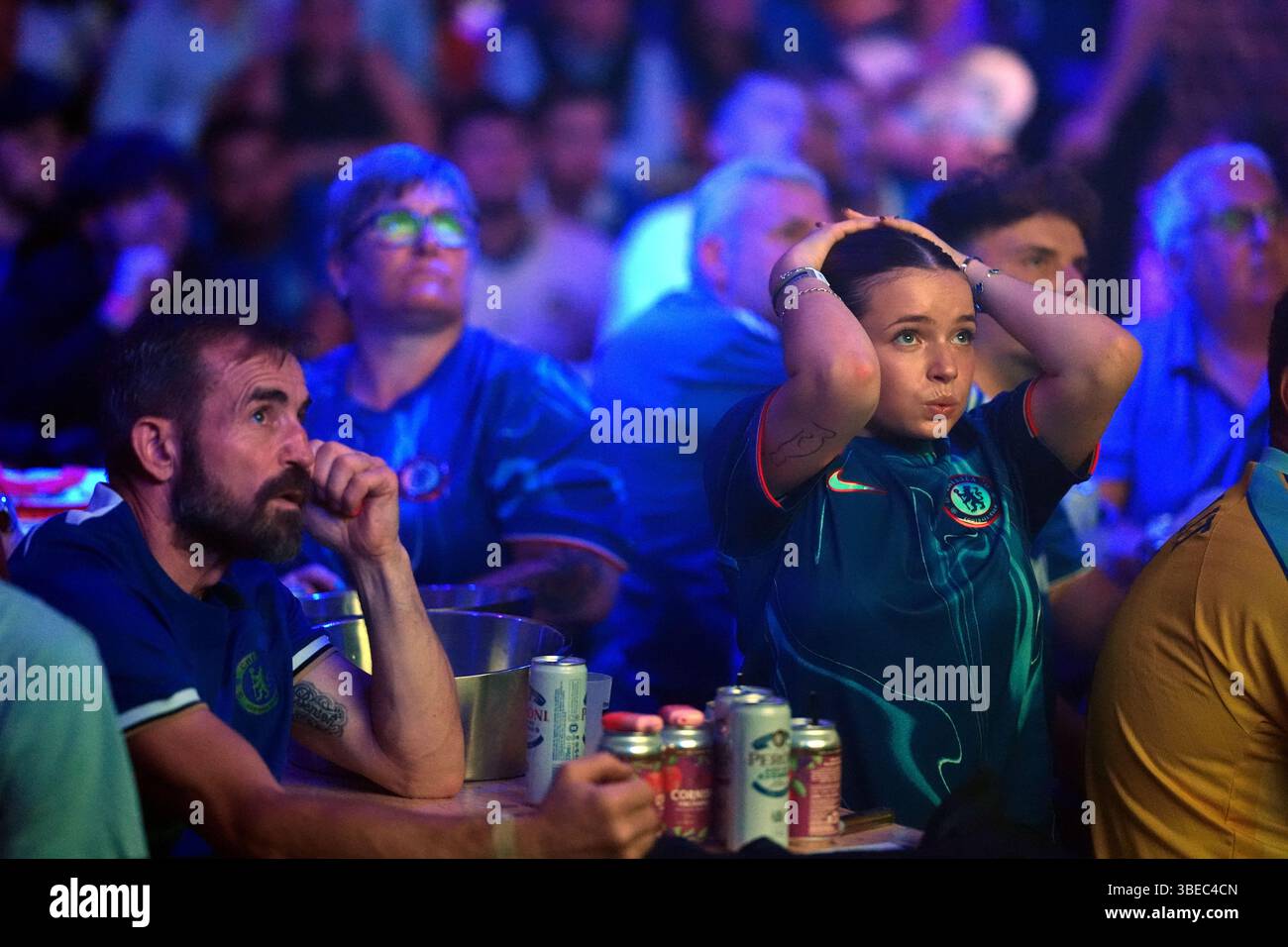Chelsea fans react during a screening of the UEFA Conference League ...