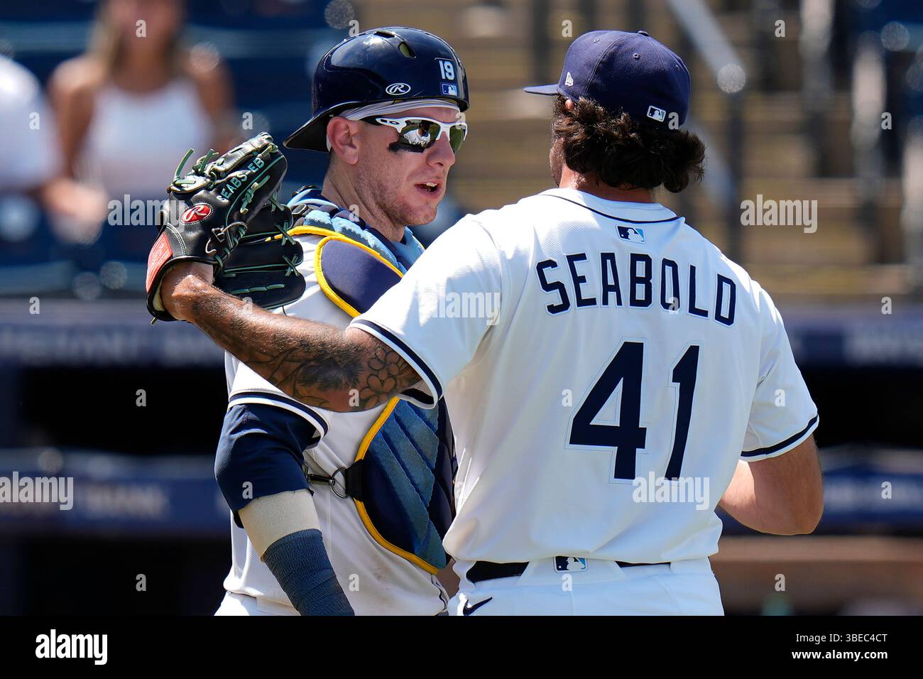 Tampa Bay Rays pitcher Connor Seabold (41) celebrates with catcher ...
