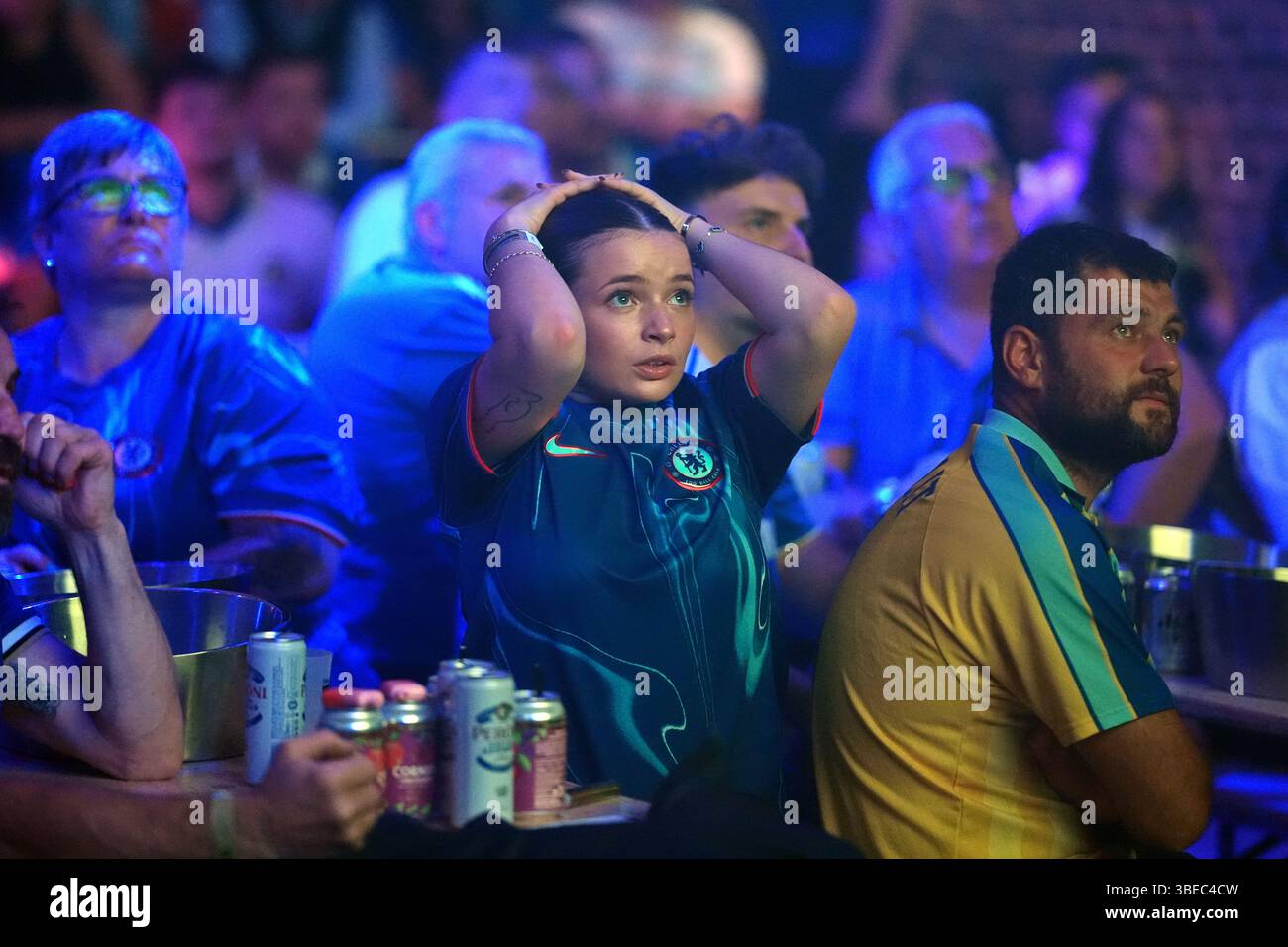 Chelsea fans react during a screening of the UEFA Conference League ...