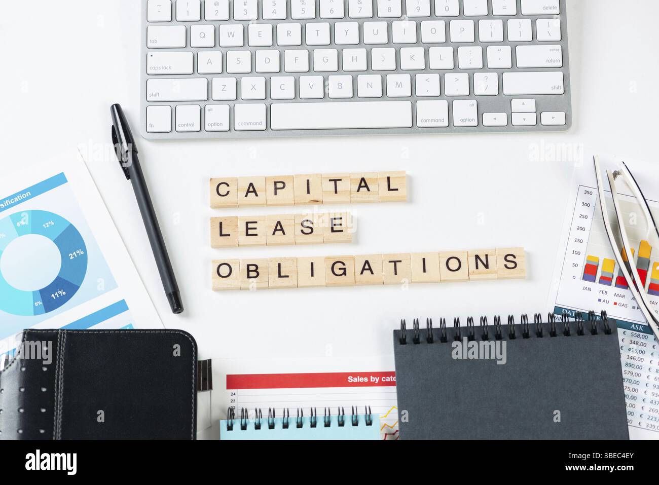 Capital lease obligations concept with letters on cubes. Still life of ...